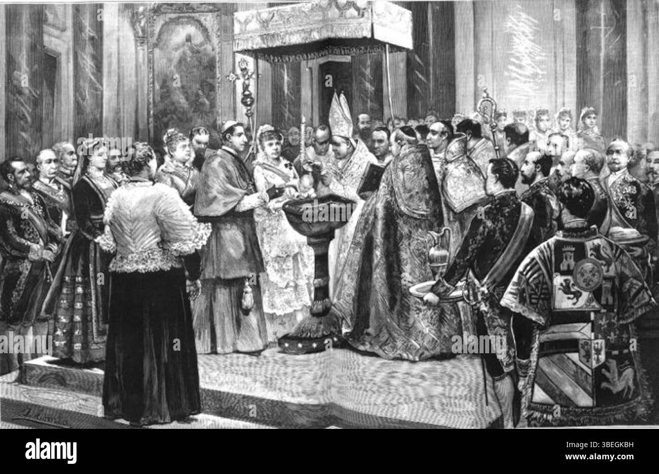 A drawing by Juan Comba García depicting the baptism of King Alfonso ...