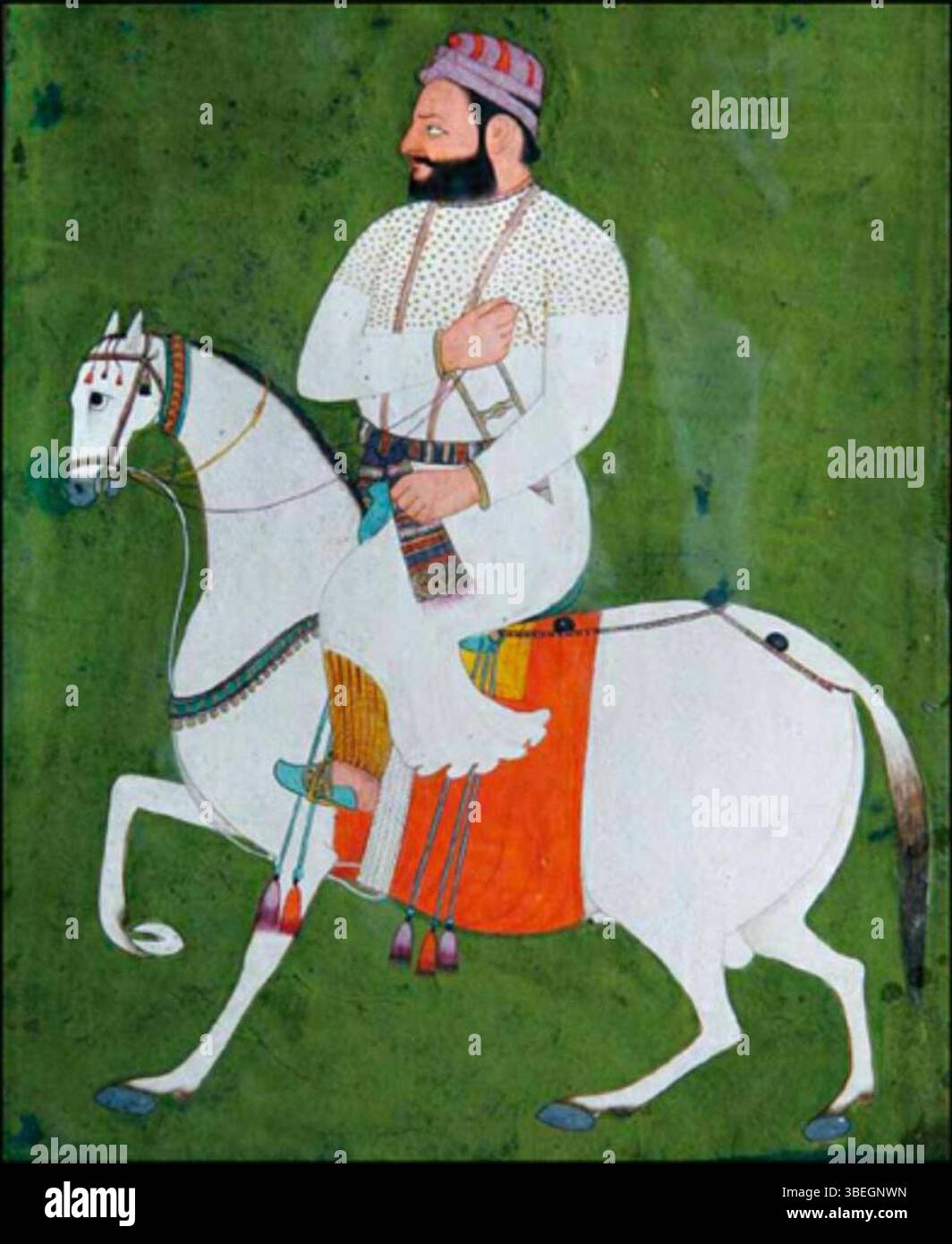 Mid-17th-century portrait of Guru Hargobind on horseback, held by the ...