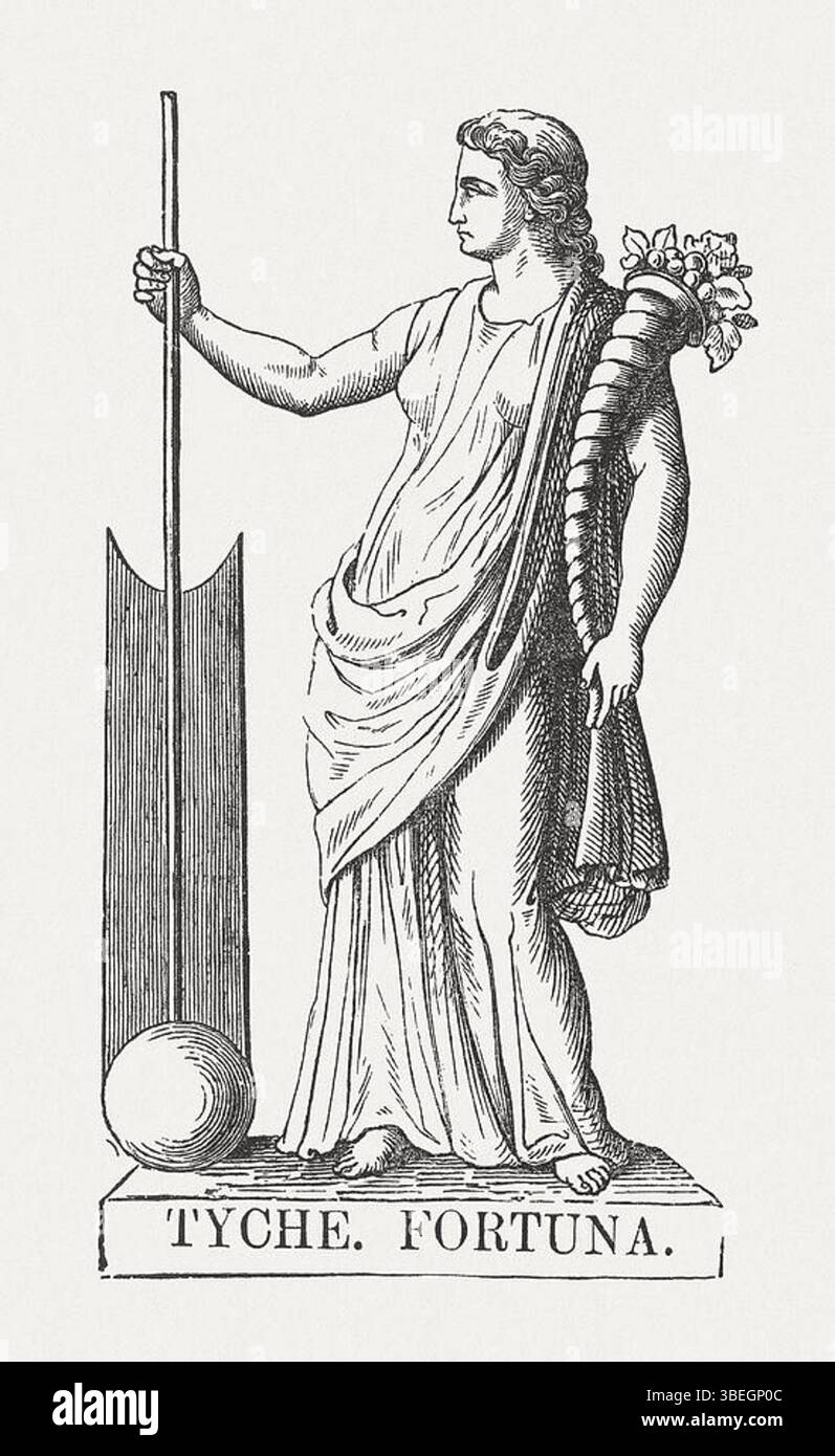 This 1878 wood engraving illustrates Tyche, the Greek goddess of ...