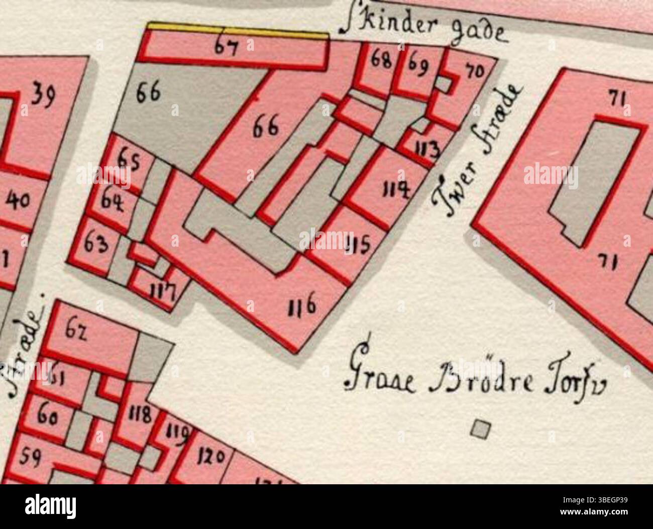 This 1757 map detail by Christian Gedde highlights properties numbered ...