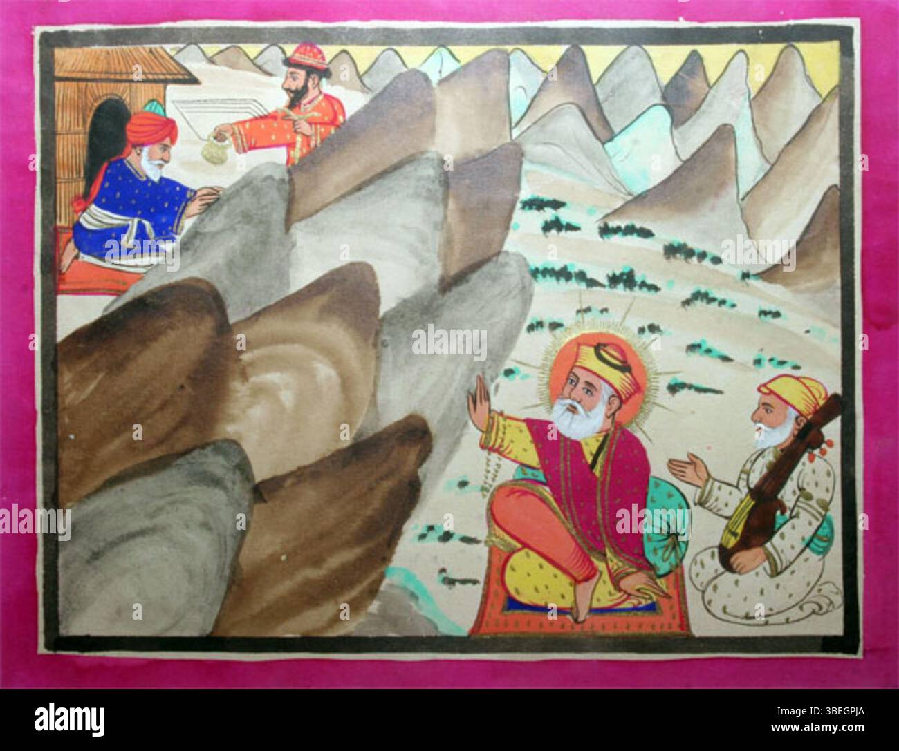 A watercolor painting from the late 19th century depicts Guru Nanak at Panja Sahib in Punjab ...