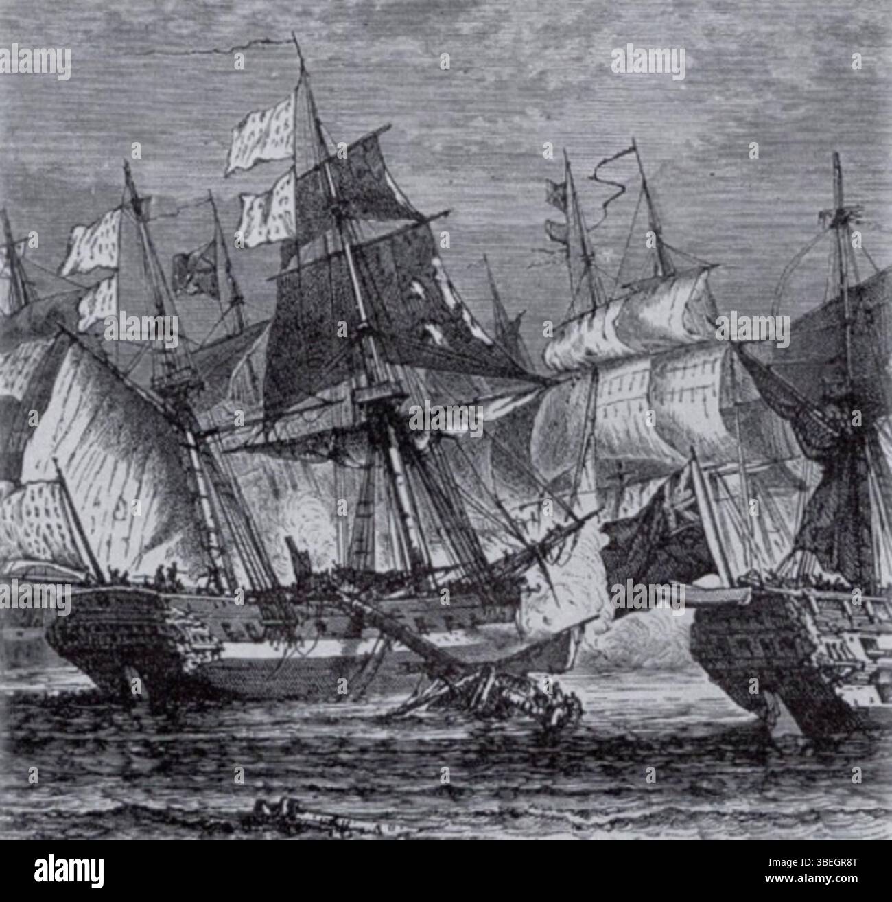 The illustration depicts the French warship Machault dismasted during a ...