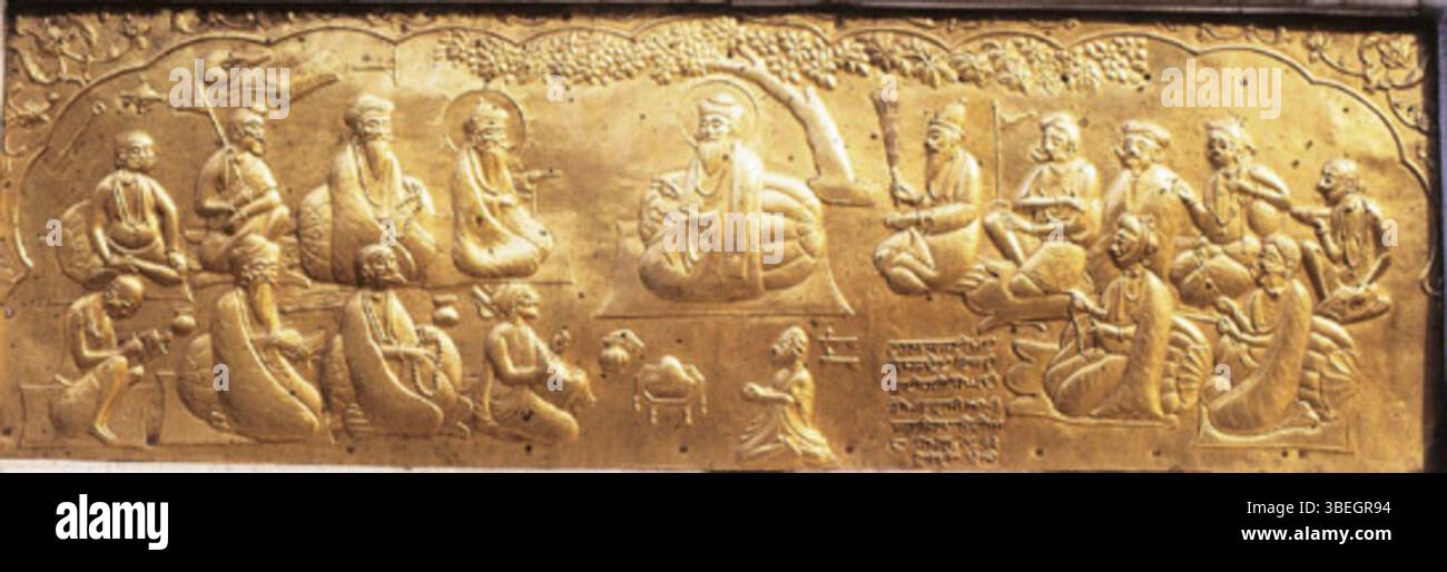This gilded repoussé plaque from Gurdwara Baba Atal Rai depicts Guru ...