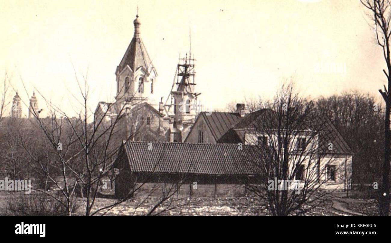 This 1917 photograph shows the view of a church in Mawa from ...
