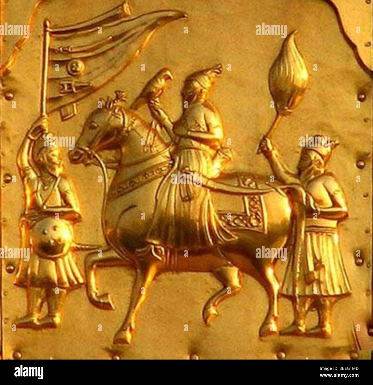 This gilded copper repoussé plaque from the 1830s shows Guru Gobind ...
