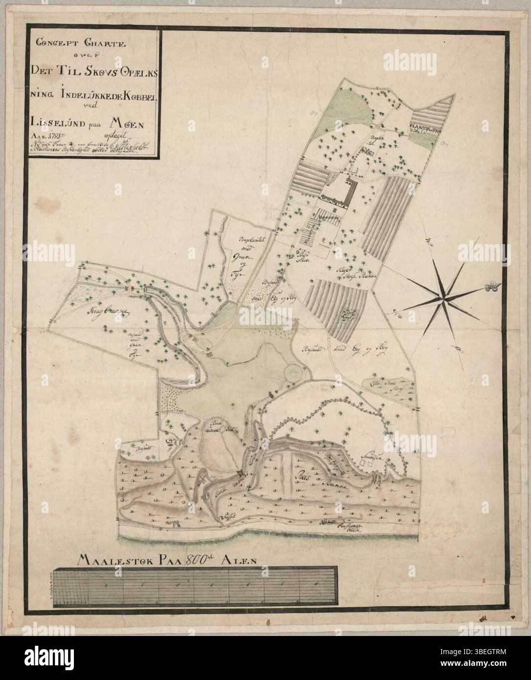 This 1791 map by M. Westerholdt depicts the woodlands at Liselund ...