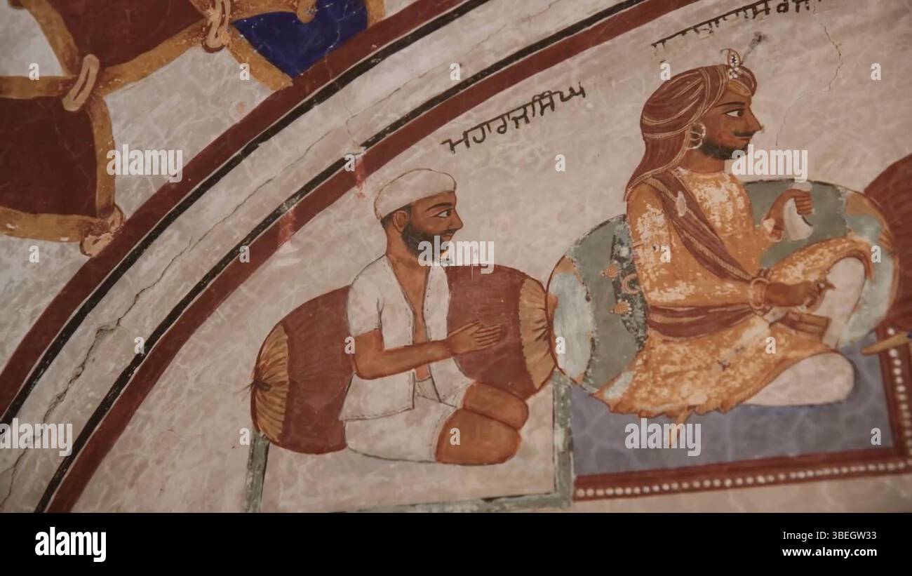 This 19th-century mural at Gurdwara Baba Bir Singh in Naurangabad depicts Bhai Maharaj Singh and ...