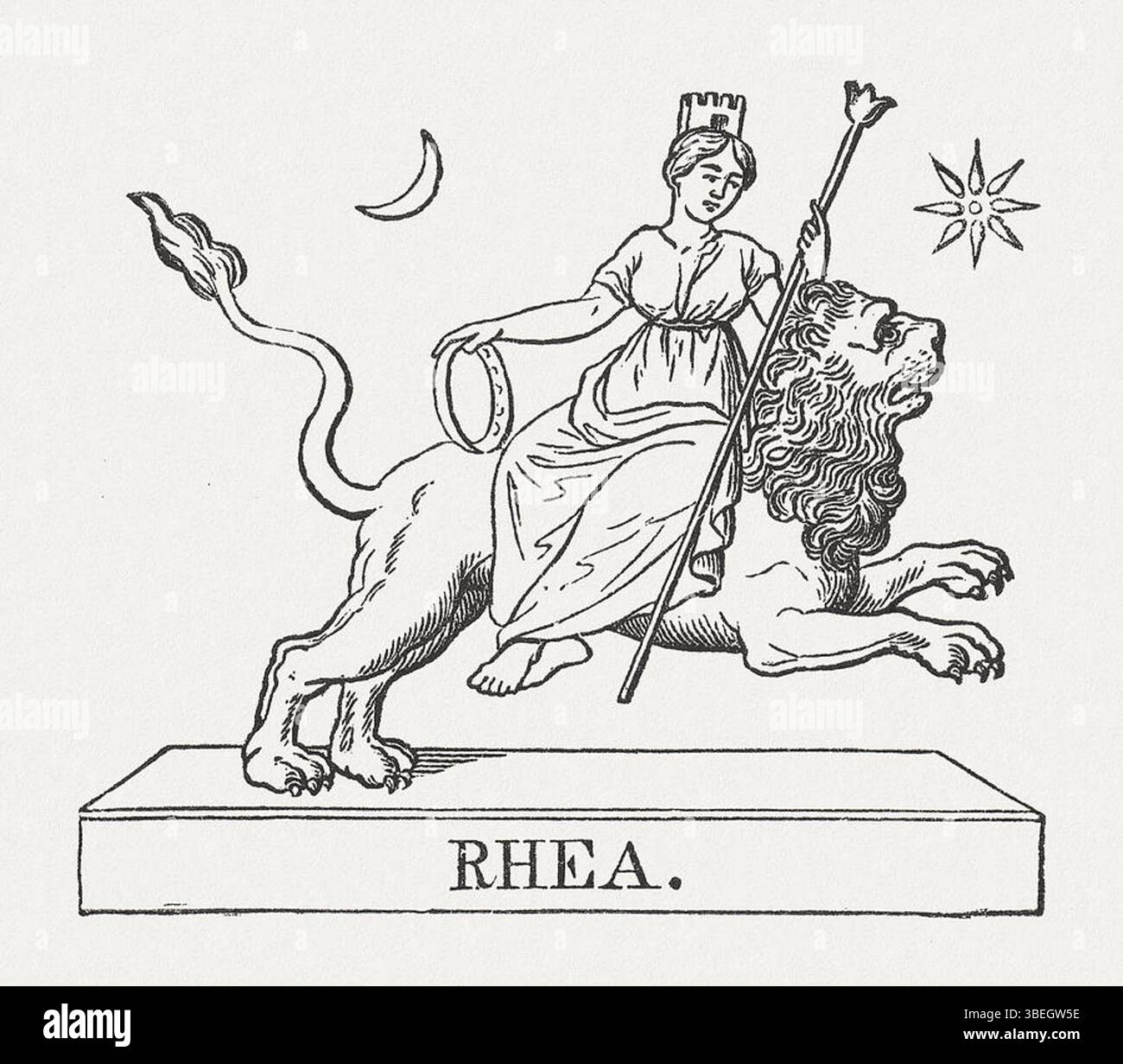 This 1878 woodcut engraving depicts Rhea, the Greek goddess, riding a lion, symbolizing her ...