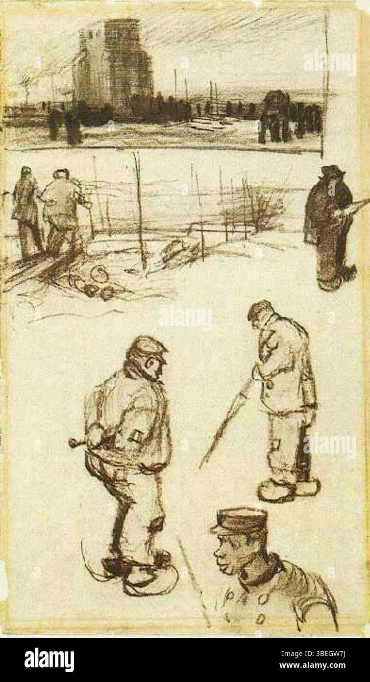 Sketches by Vincent van Gogh featuring an old tower and several human ...