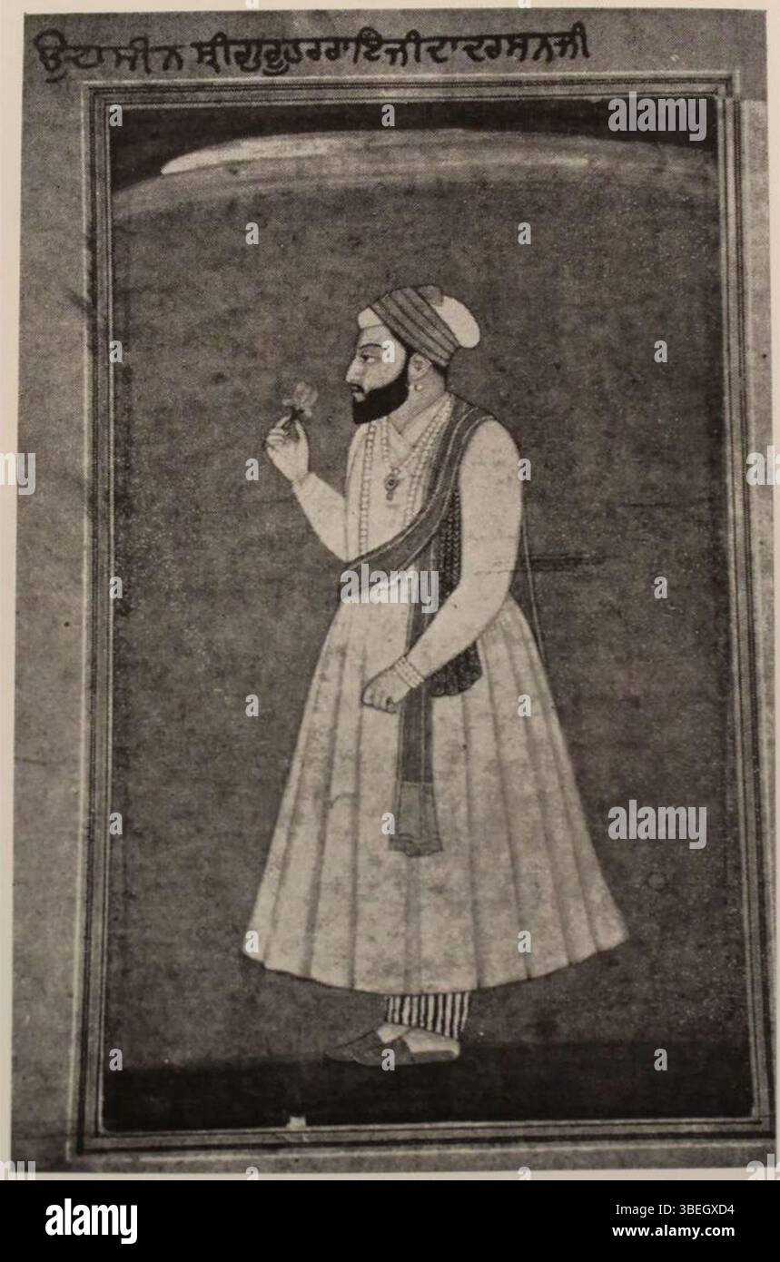 A miniature painting from around 1685, depicting Guru Har Rai holding a ...