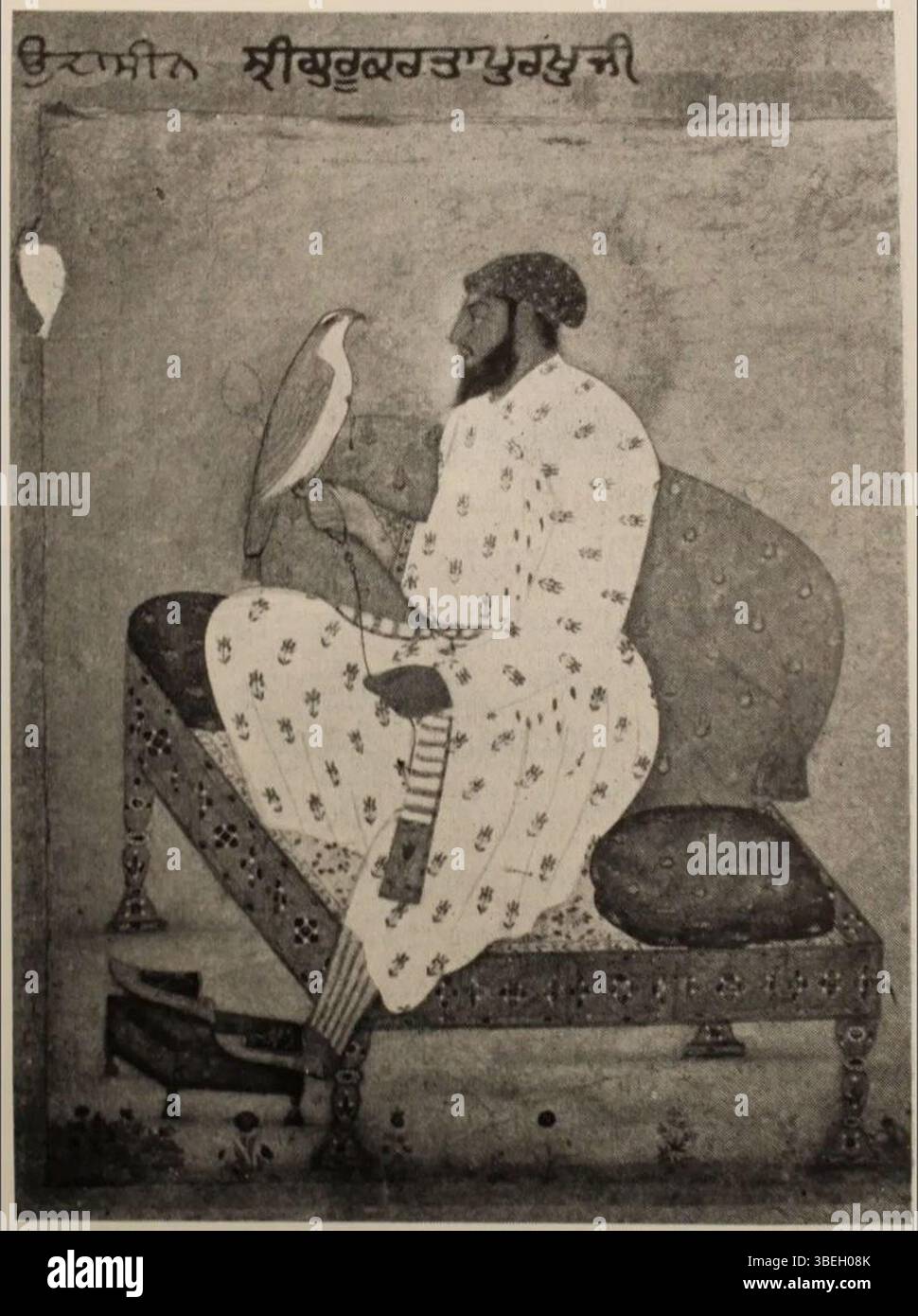 This painting depicts Ram Rai (referred to as Baba Ram Rai) holding a bird of prey while seated ...