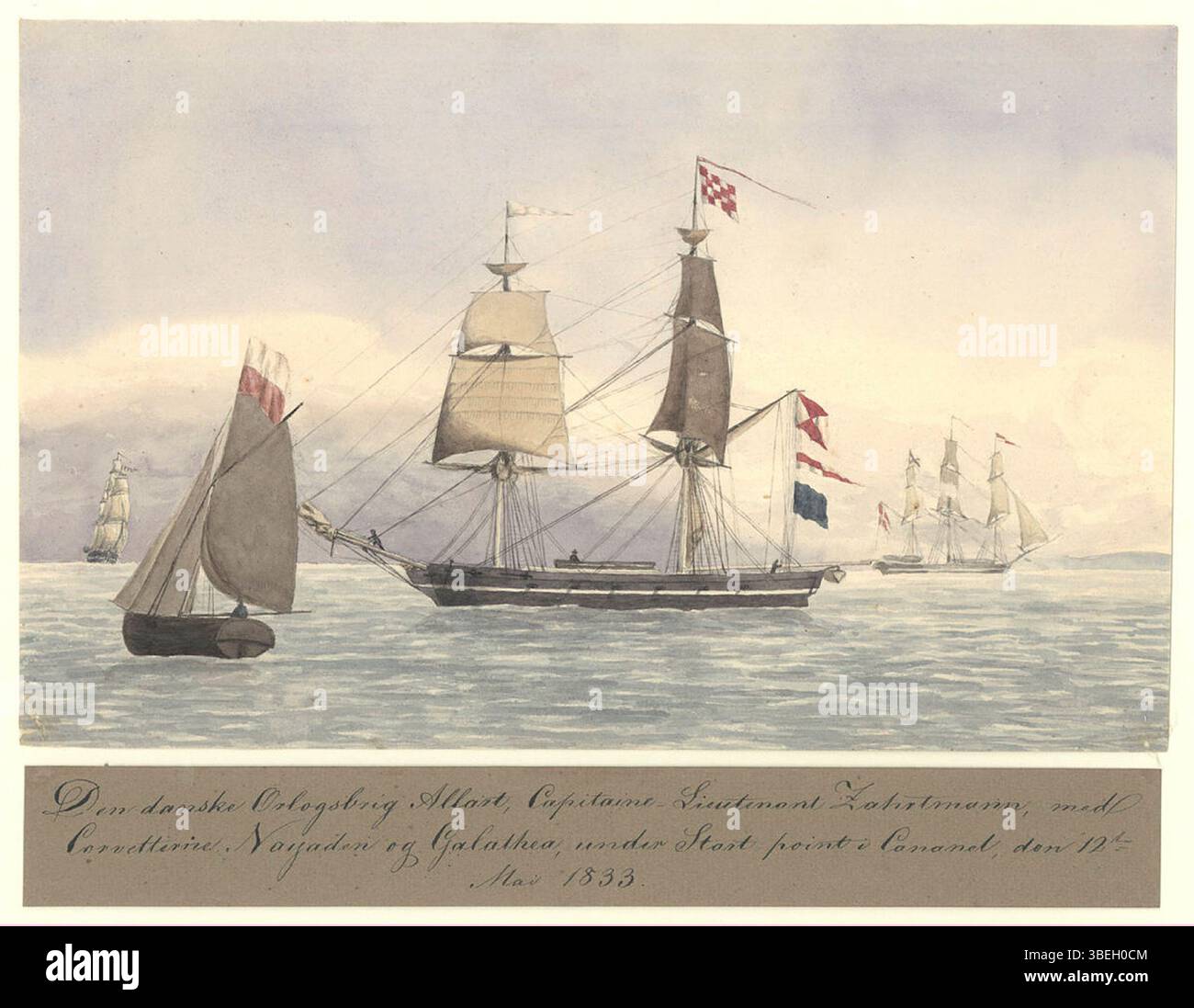 1833 drawing by Frederik von Scholten depicts the Danish brig ALLART ...