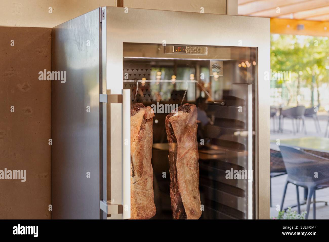 This sophisticated refrigerator displays two large cuts of meat being ...