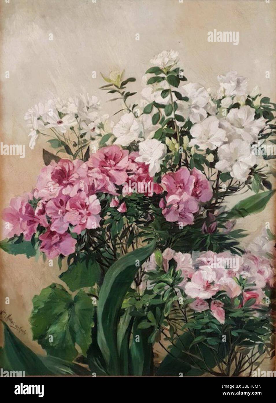 Oil painting titled 'Fleurs' by Léonie Van Marcke from 1862, featuring ...