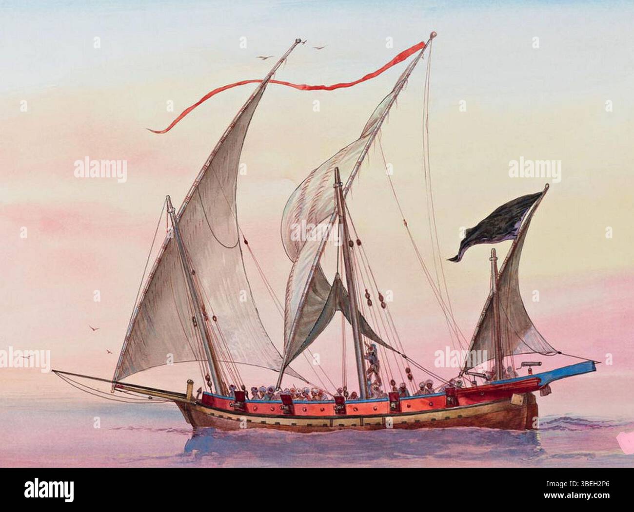 This depiction of a Barbary corsair xebec ship from circa 1670 highlights the design and ...