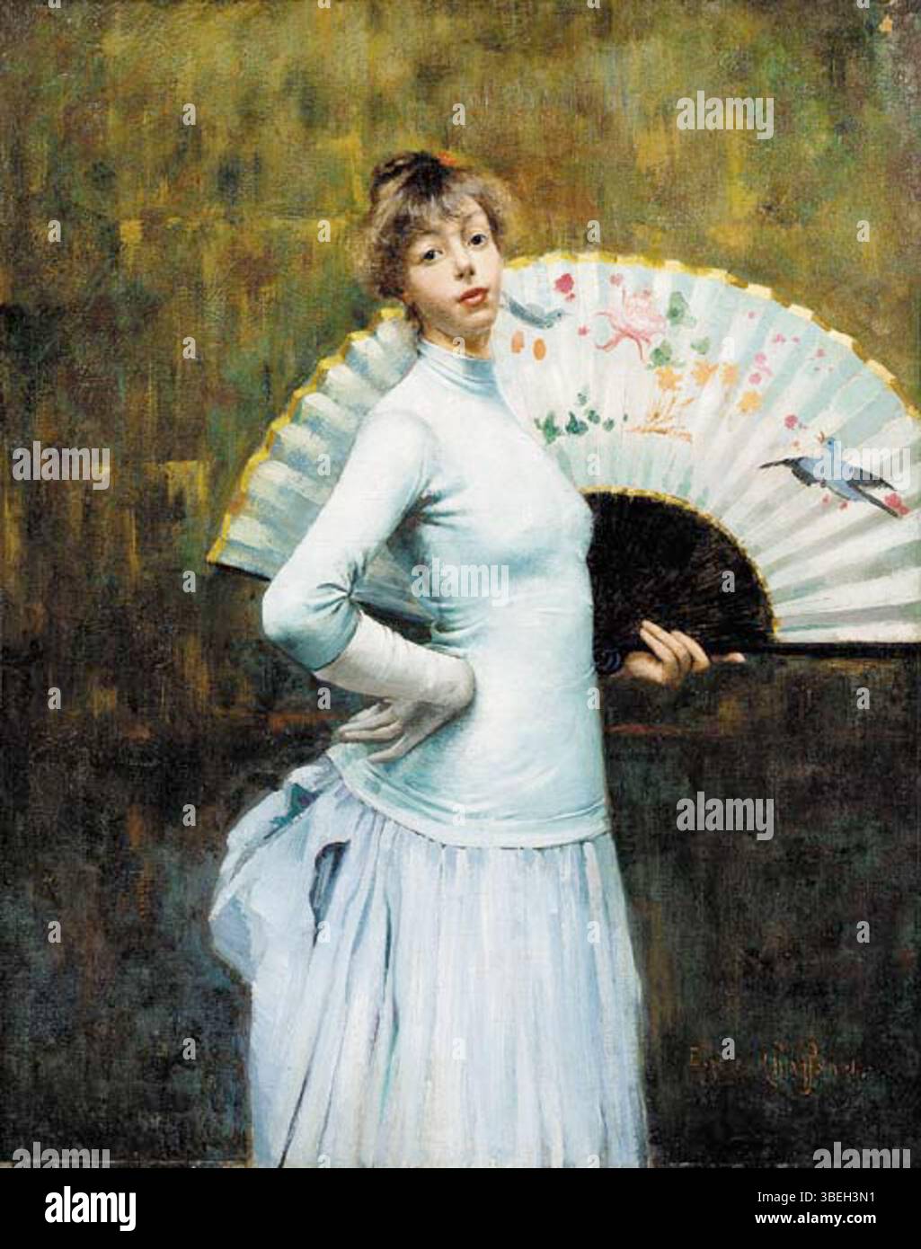 This artwork by Eugène Chaffanel features an elegant lady holding a fan ...