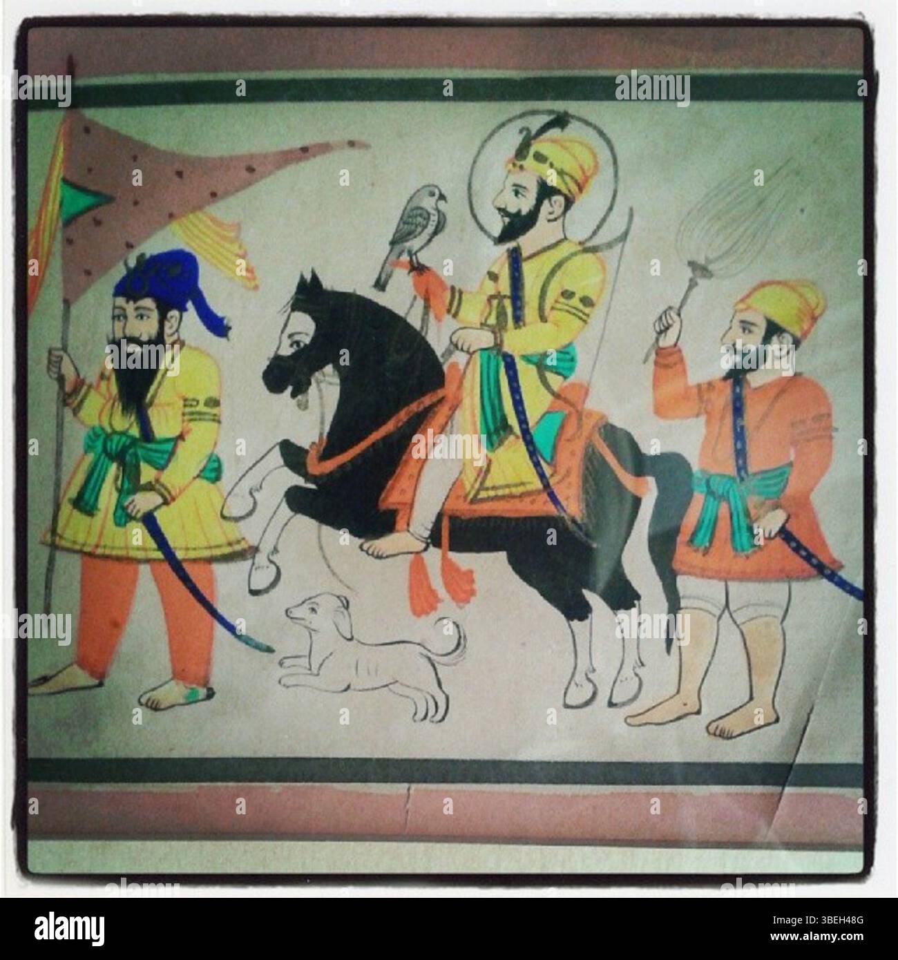 This equestrian painting by Gian Singh Naqqash, created around 1920, depicts Guru Gobind Singh ...