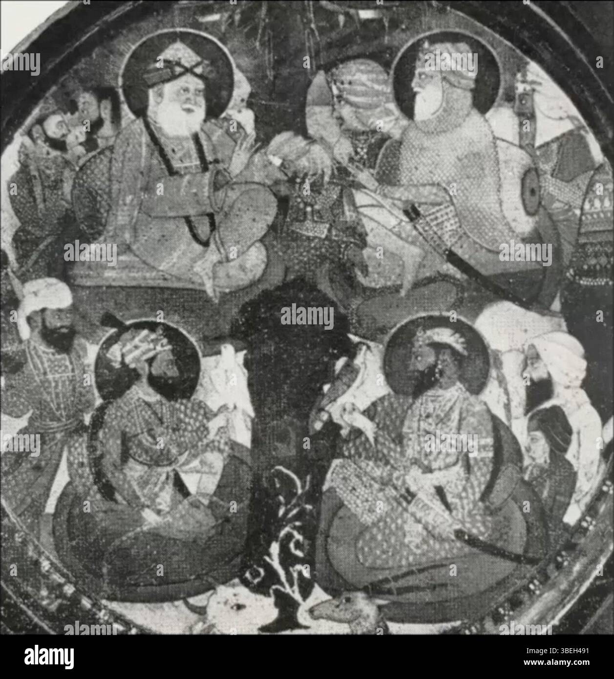 This 1830 painting from Punjab depicts Baba Sahib Singh Bedi and his son, Tegh Singh Bedi ...