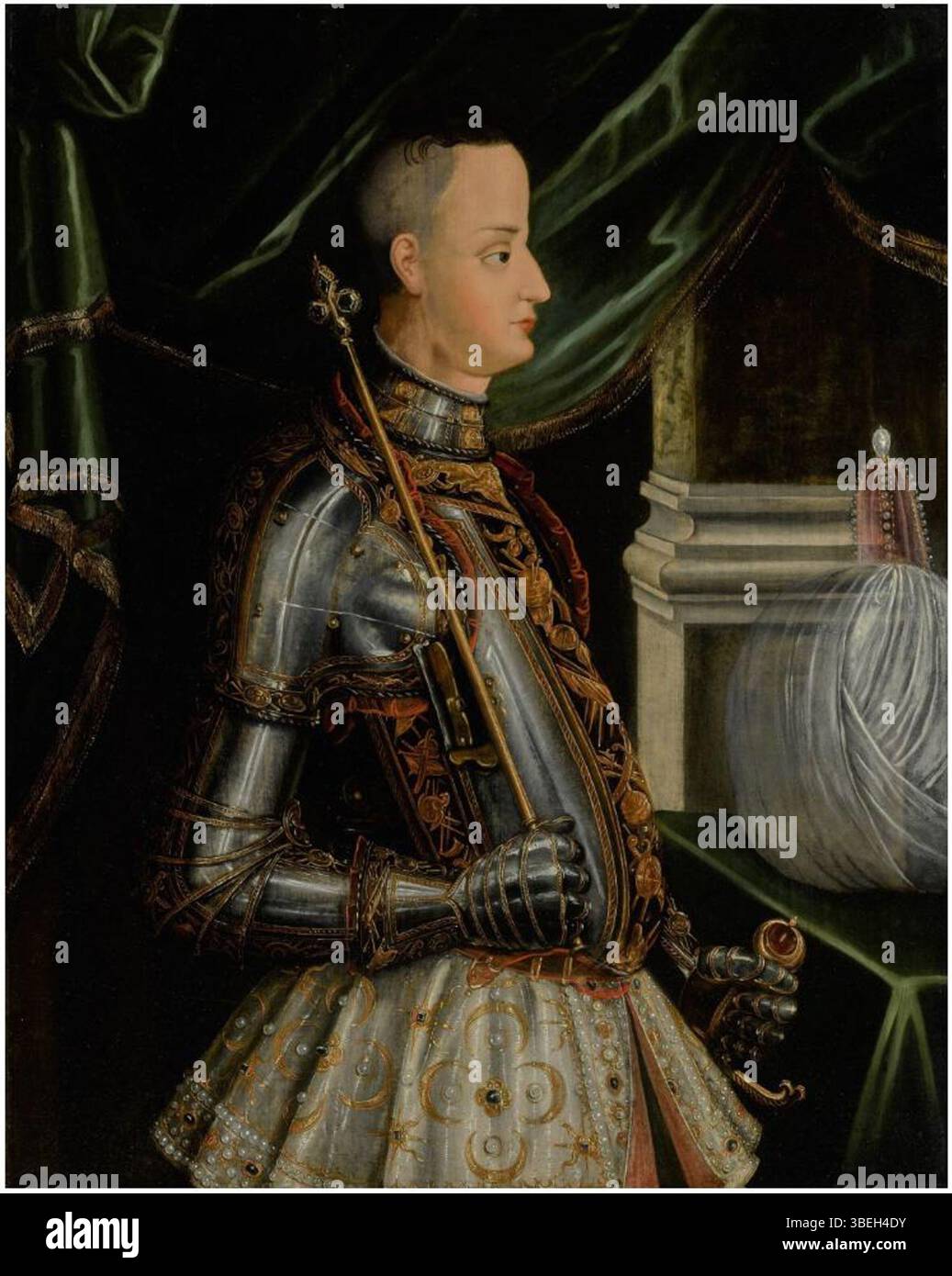 This portrait from the South German School, circa 1600, depicts an ambassador in oil on oak ...