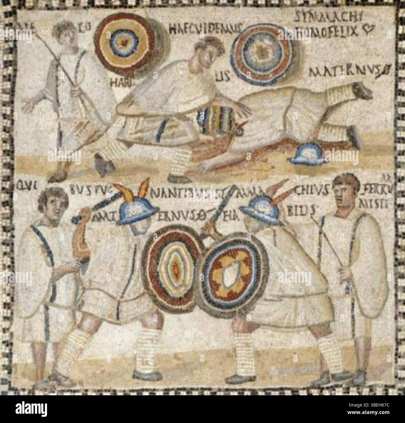 This Roman mosaic depicts a gladiatorial combat, showcasing the ...