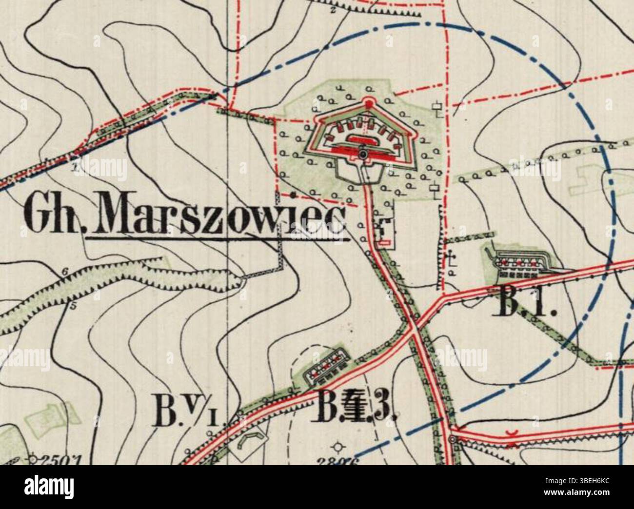 This 1900 Austro-Hungarian map fragment depicts Fort 45 and surrounding ...