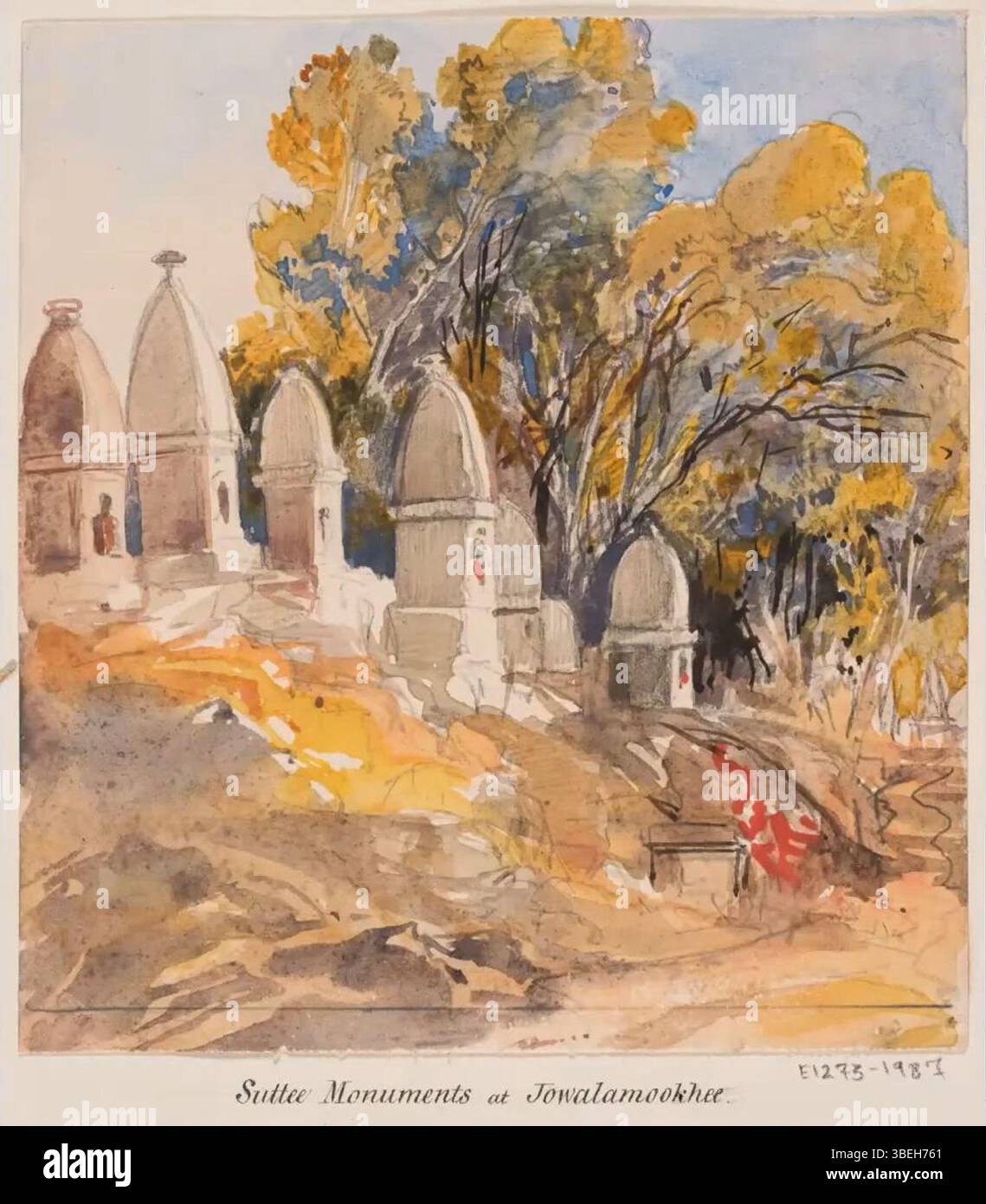 Watercolour by Charlotte Canning circa 1860–61 depicting two stone sati ...