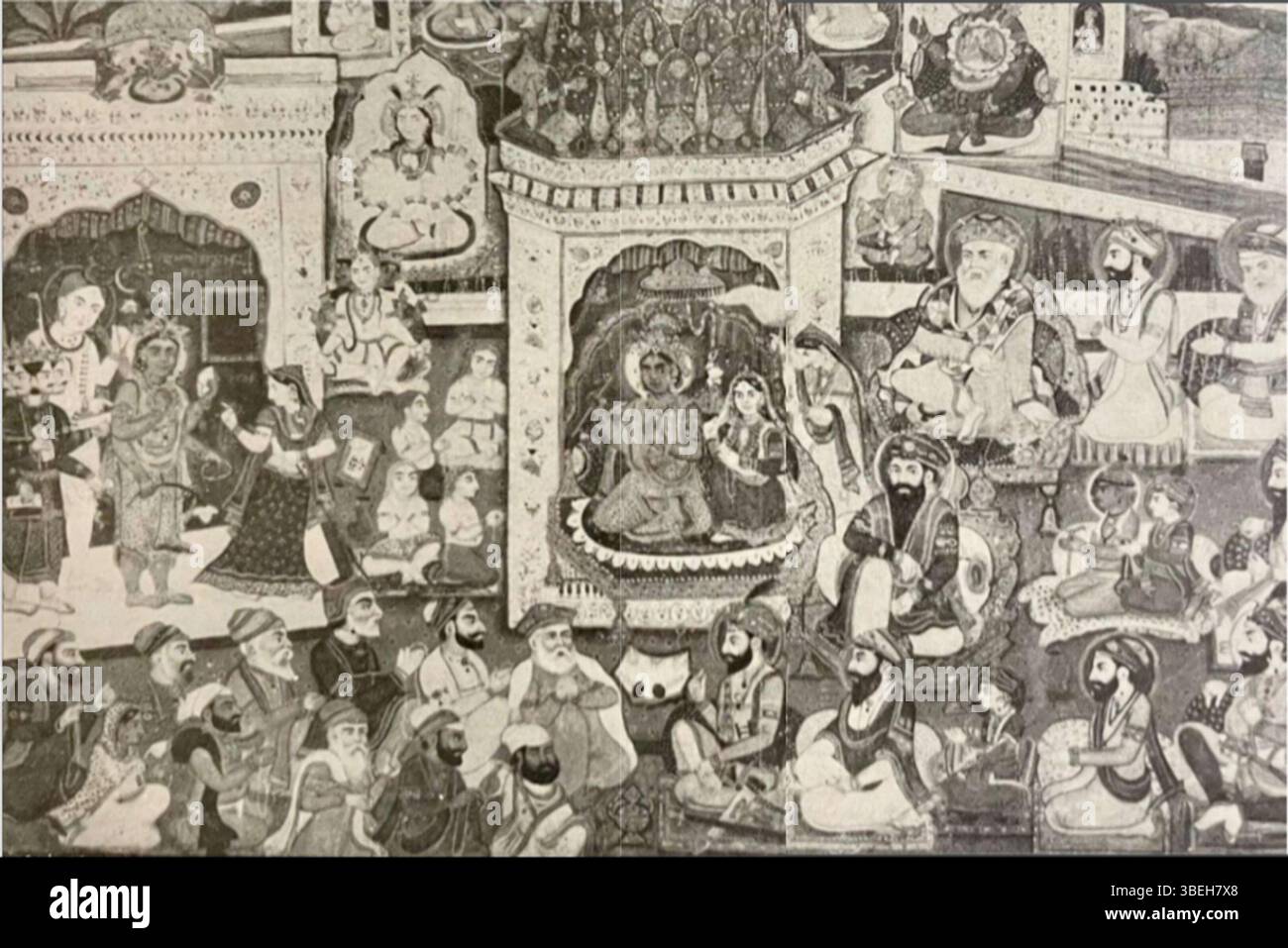 This painting features various Indic deities, Sikh gurus, and Bhagats ...