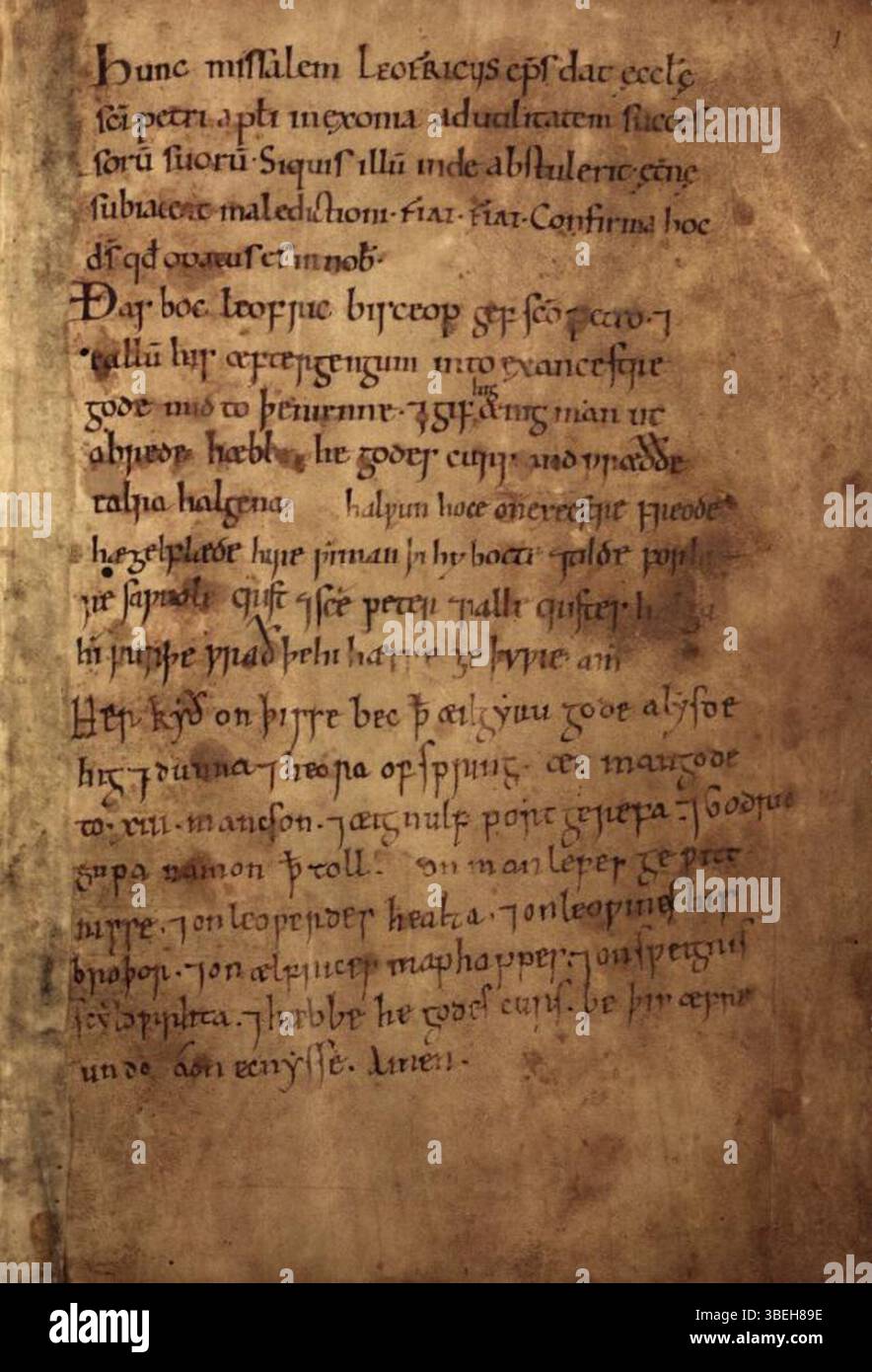 The first page of the Leofric Missal, written in Latin and Old English ...