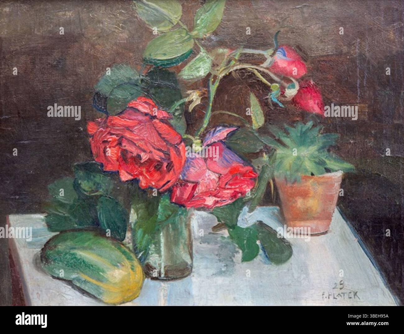 This 1929 still life painting by Felka Platek depicts red roses ...