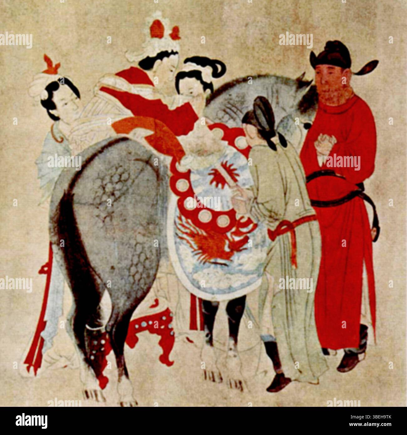 This 13th-century painting by Ch'ien Hsüan (Qian Xuan) depicts Yang Kuei-fei mounting a horse ...