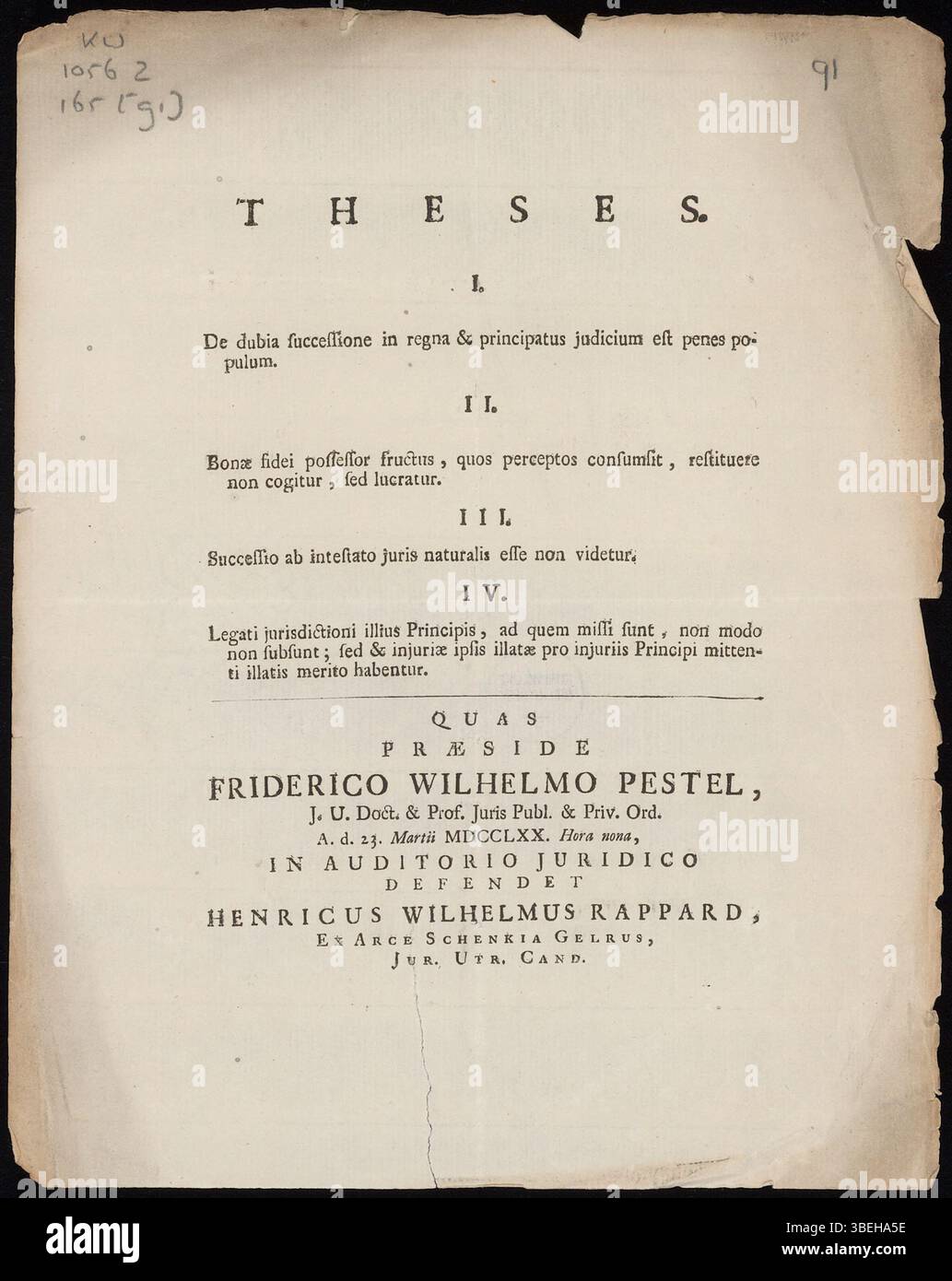 This 1770 document, published in Leiden, details a legal thesis defense ...