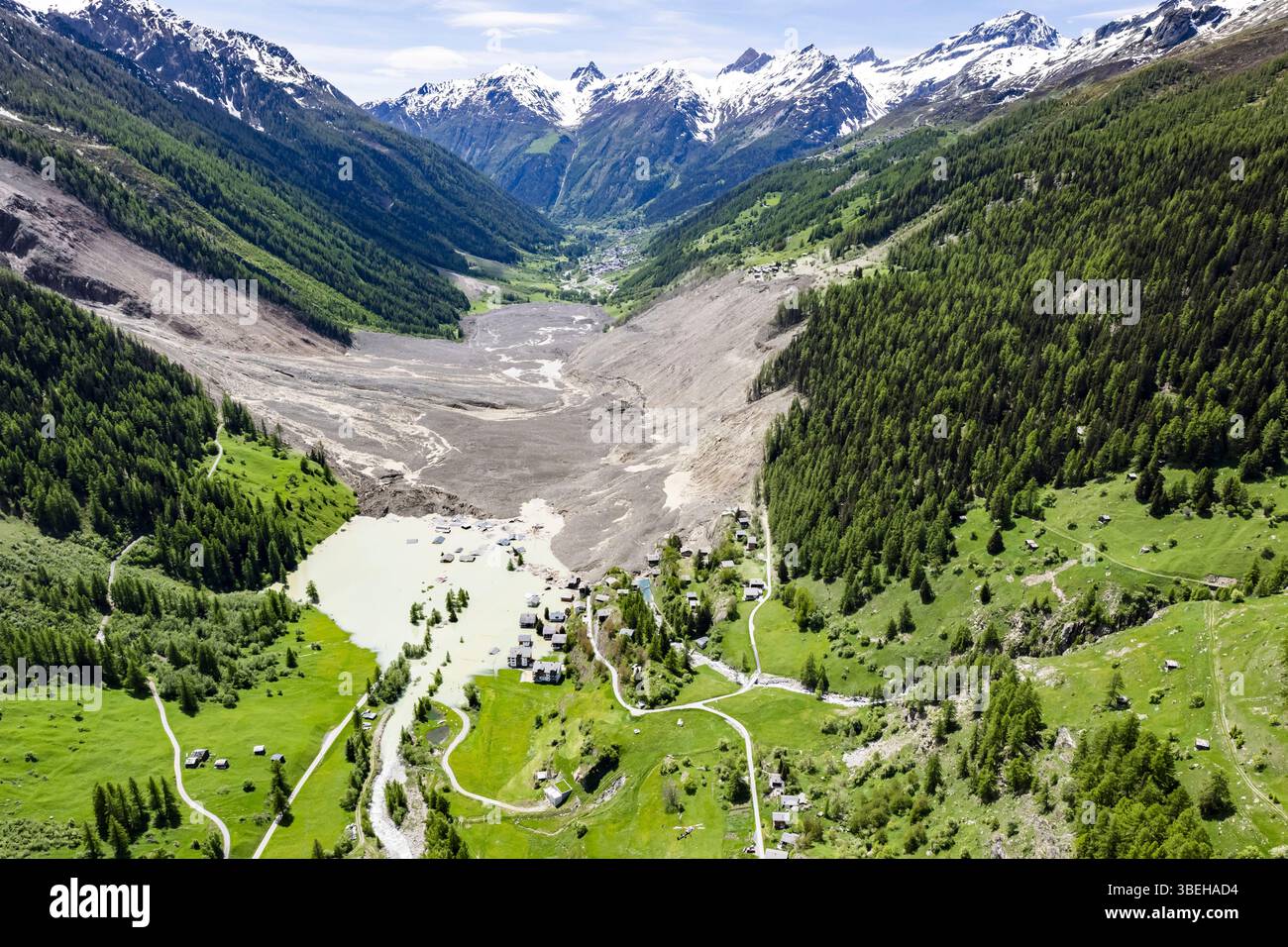 An aerial view shows the destruction of Blatten, Switzerland, Thursday ...