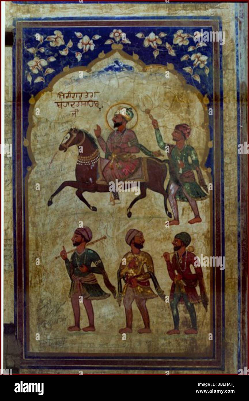 This fresco, housed in Pothi-Mala, Gur Harsahai, Punjab, depicts Guru ...