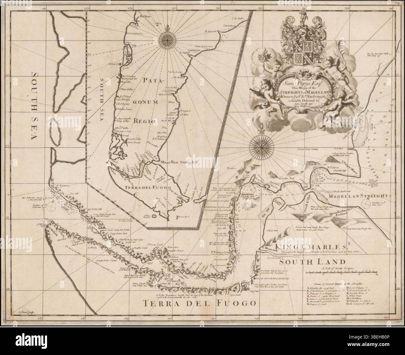 A 1694 map of the Straits of Magellan, created by Sir John Narborough ...