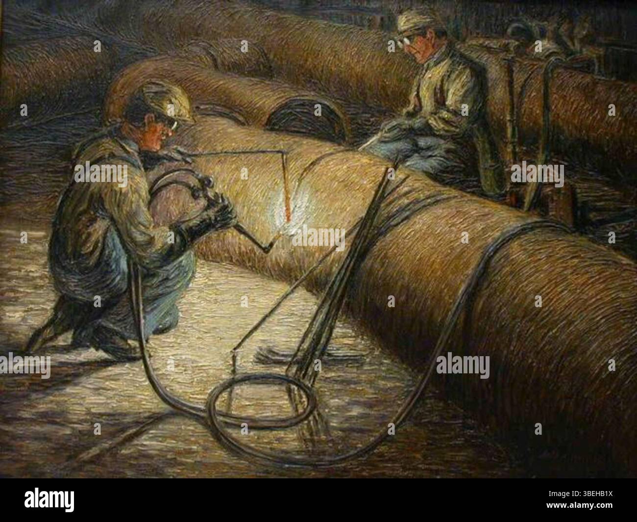 This 1979 painting titled 'Welders' depicts industrial workers engaged ...