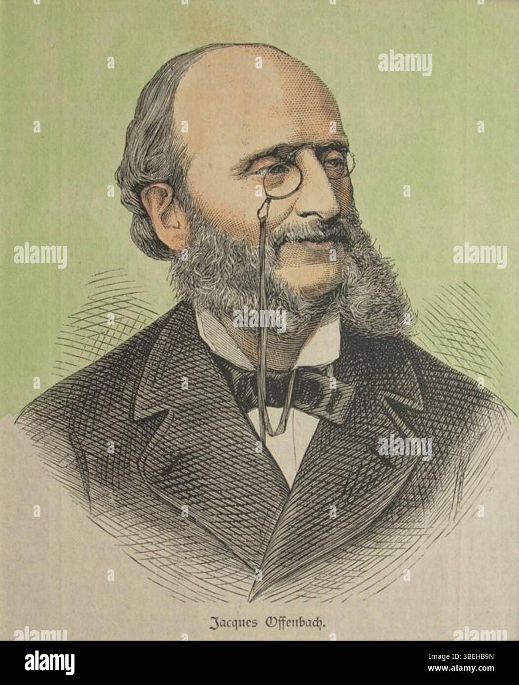 Colored wood engraving of composer Jacques Offenbach from 1881, showing ...