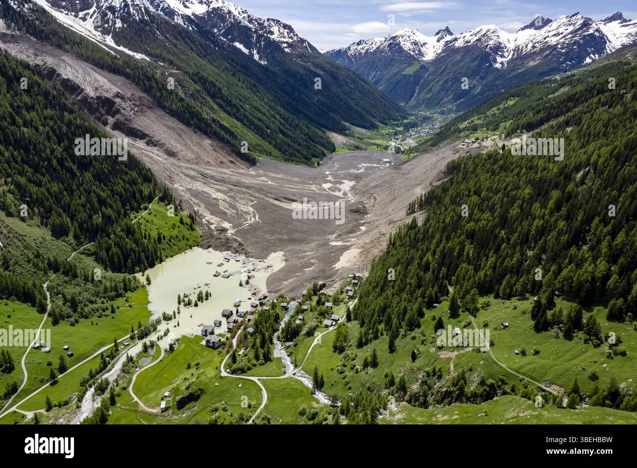 An aerial view shows the destruction of Blatten, Switzerland, Thursday ...