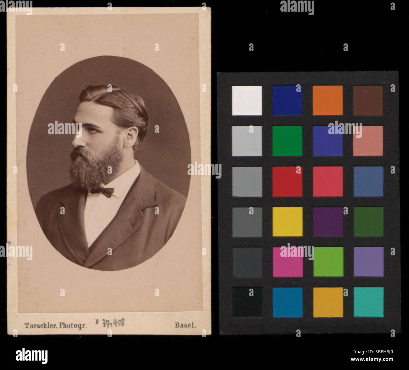 A black-and-white photograph on a cabinet card featuring a portrait of ...