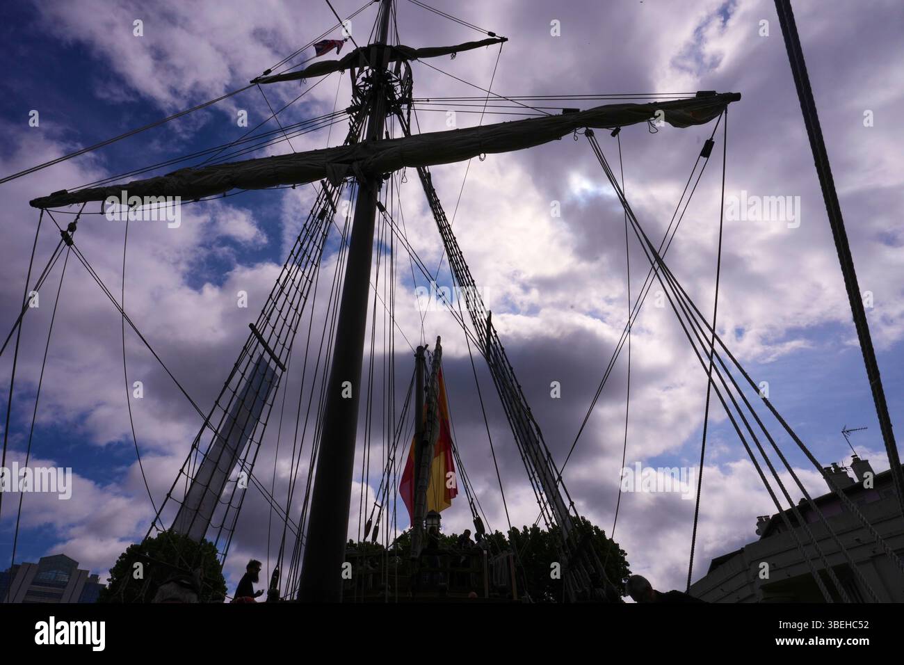 Visitors are silhouetted as they tour the 93ft Nao Santa Maria a ...