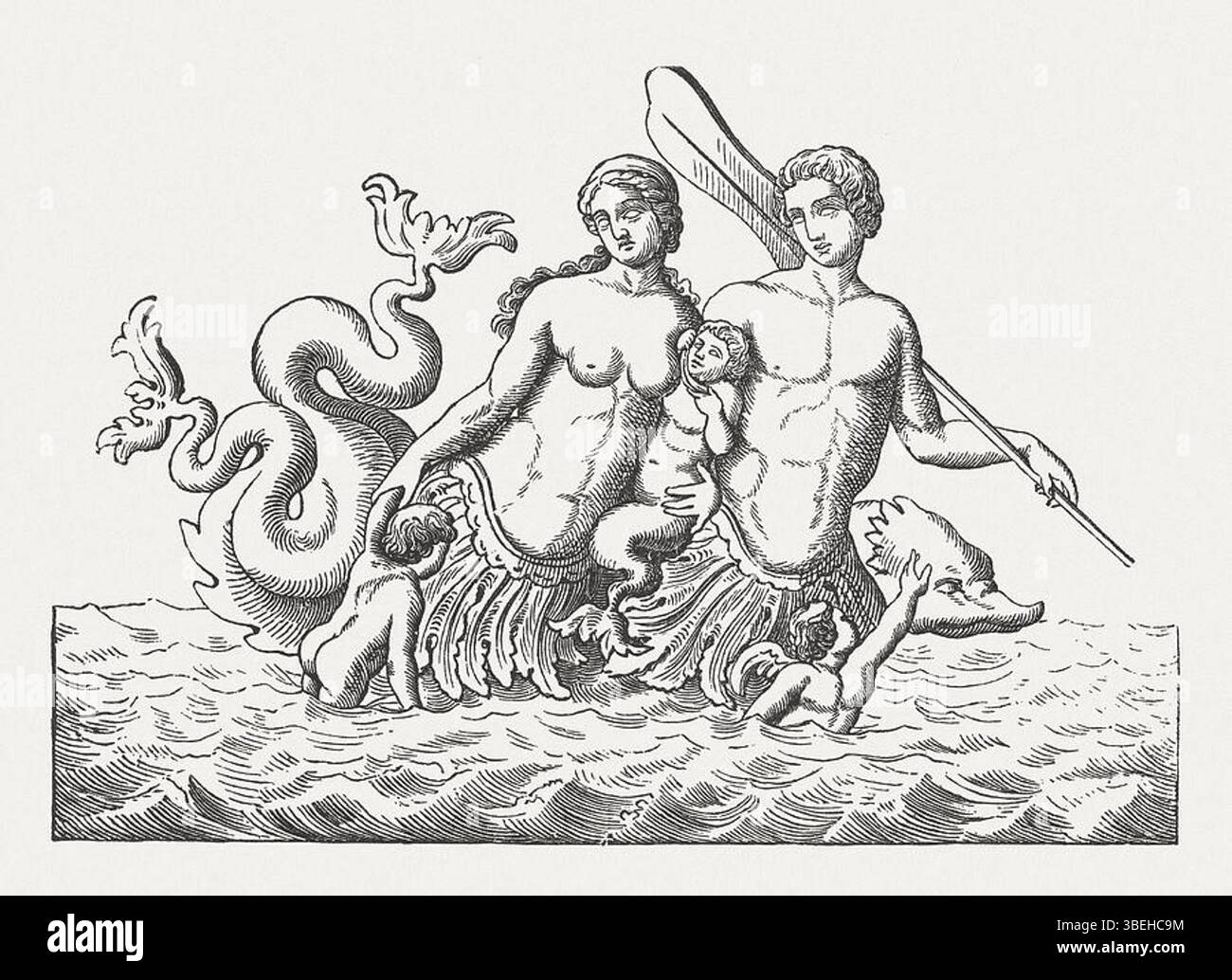 A wood engraving from 1878 depicting Triton and a Nereid from Greek ...