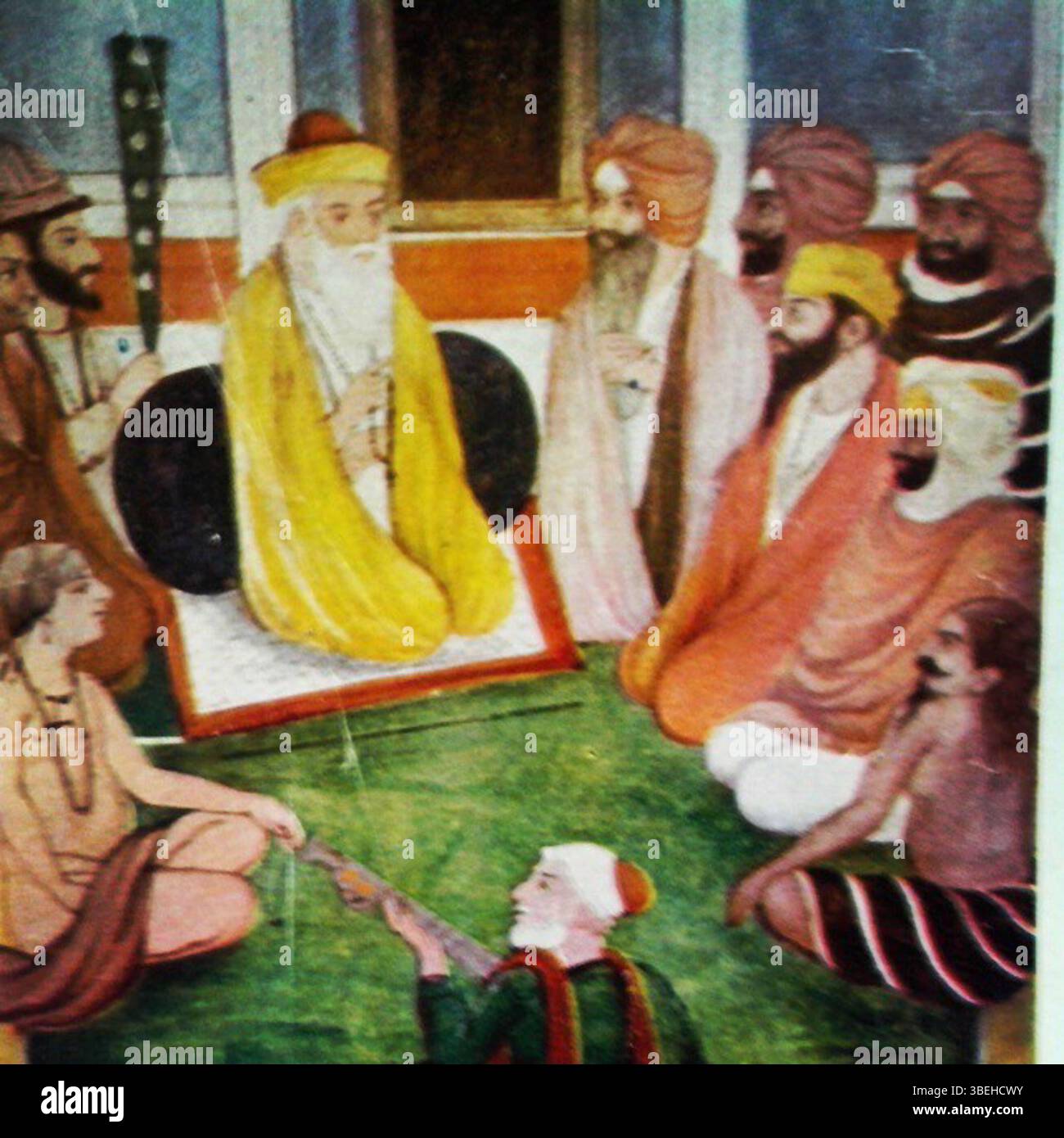 This 19th-century painting depicts Guru Nanak seated with a crowd around him, dressed in Sikh ...