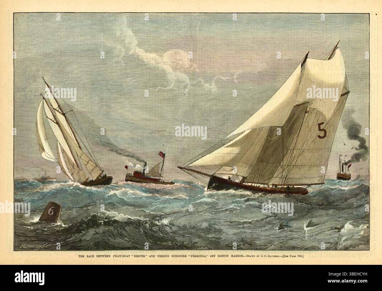 Painting by J. O. Davidson, depicting the race between the pilot-boat ...