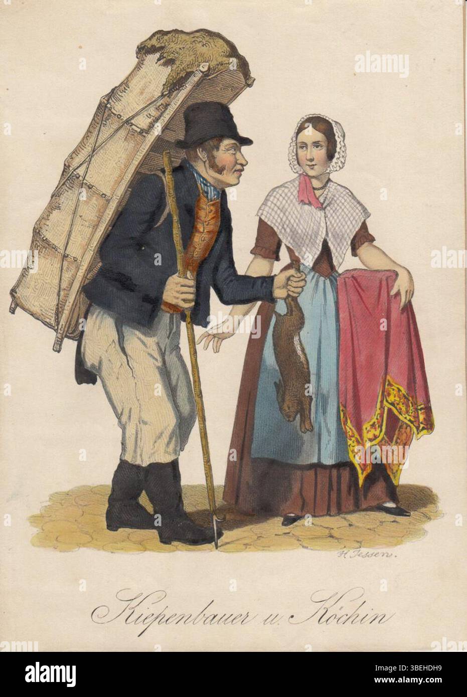 Heinrich Jessen's 1847 illustration titled 'Kiepenbauer und Köchin' is ...