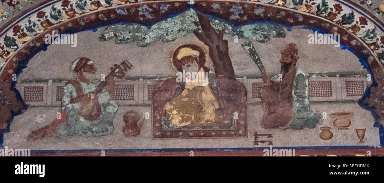 This fresco, created in the 19th or early 20th century, depicts Guru Nanak with his companions ...