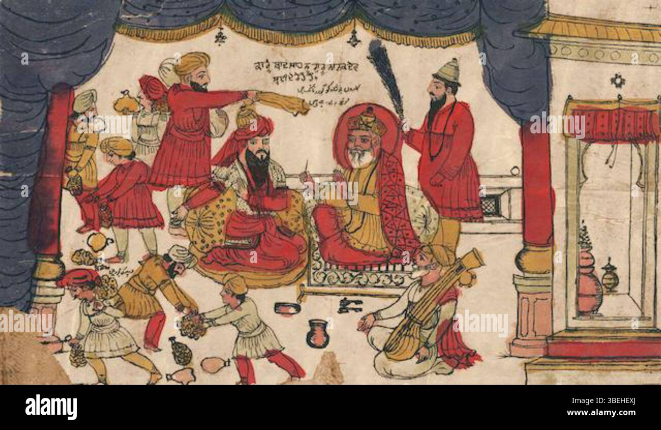 This hand-coloured woodcut depicts Guru Nanak meeting the ruler of Misr ...