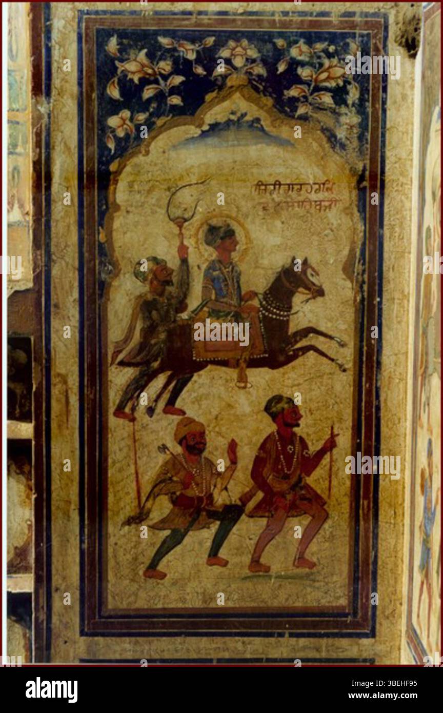 This fresco from Pothi-Mala, Gur Harsahai, Punjab, illustrates Guru Har ...