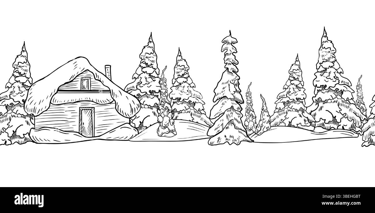 Seamless winter border with snowy pine trees and a forest cabin, hand ...