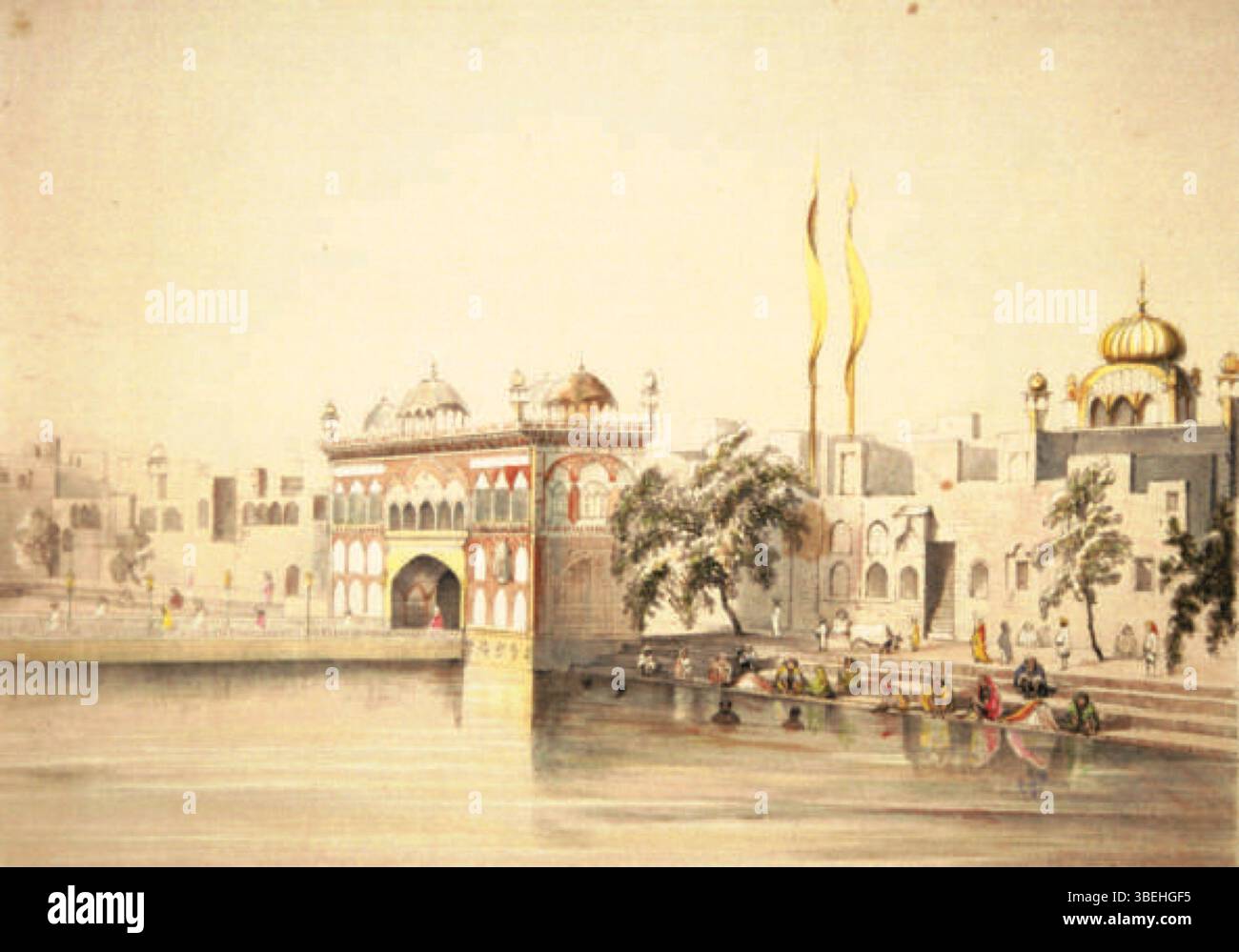 This 19th-century painting depicts the Darshani Deori, Nishan Sahibs (Sikh flags), and the Akal ...