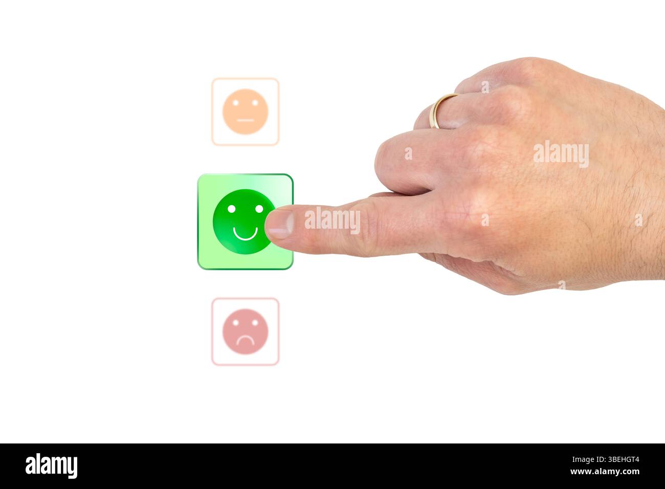 Finger selecting green smiley face button from vertical emoji rating ...