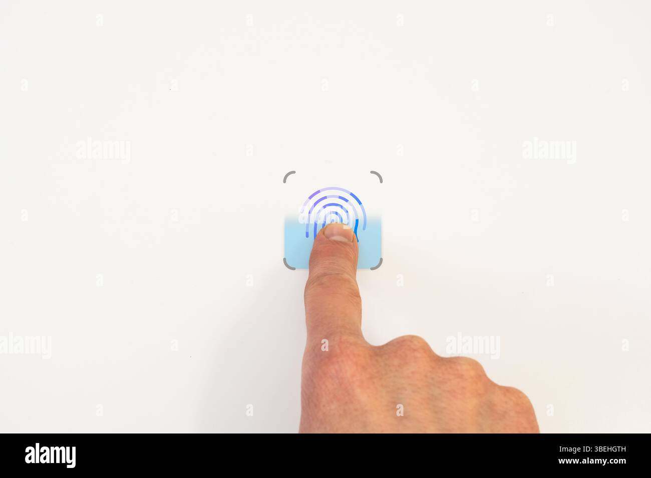 Human finger pressing fingerprint scanner icon on white surface ...